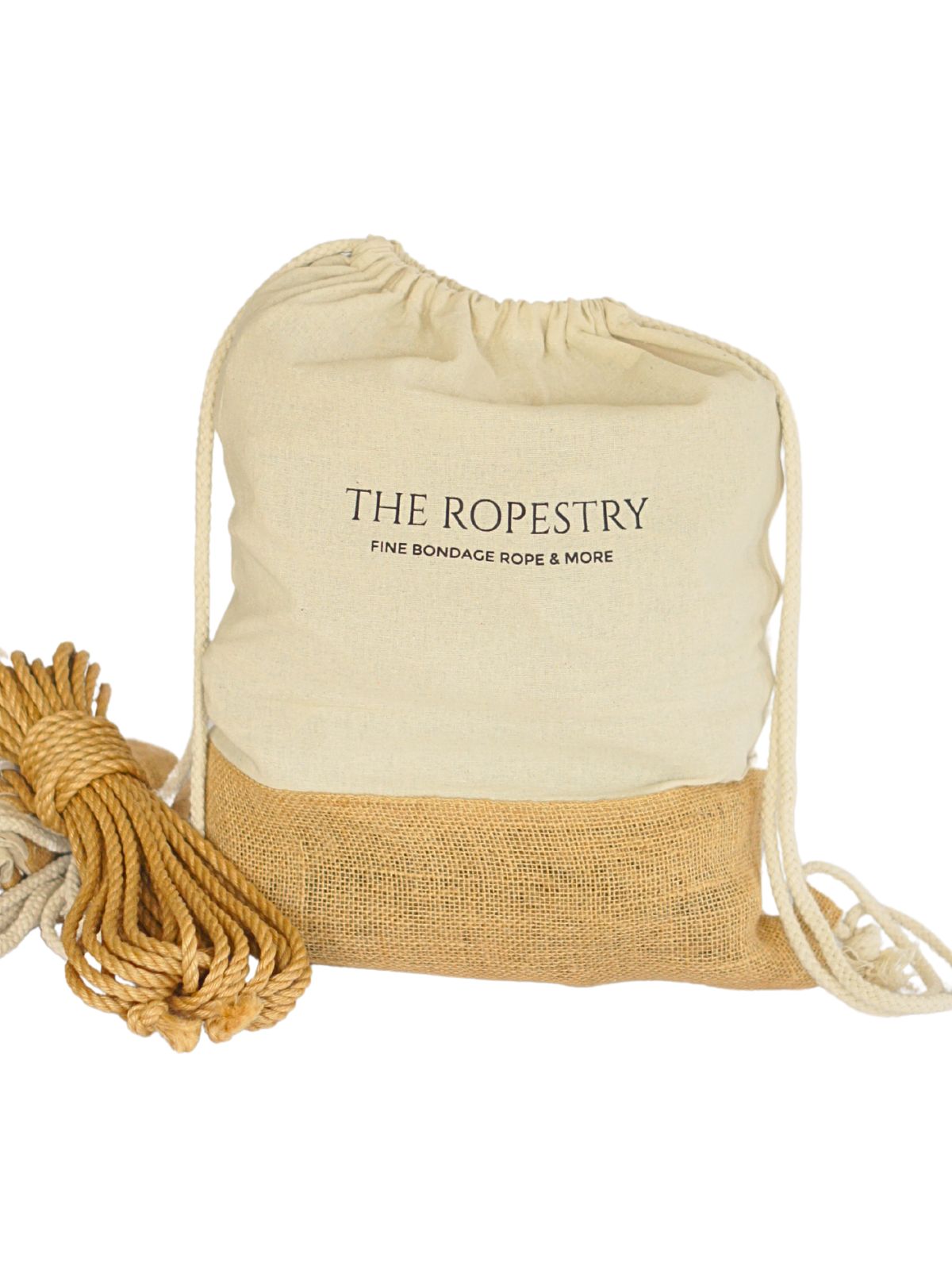 Drawstring bag for Shibari ropes with logo print, cotton and jute ...